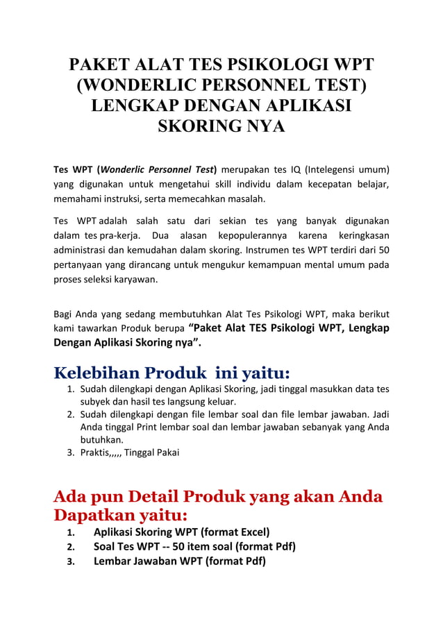 Alat tes wpt lengkap dengan skoring wpt | PDF