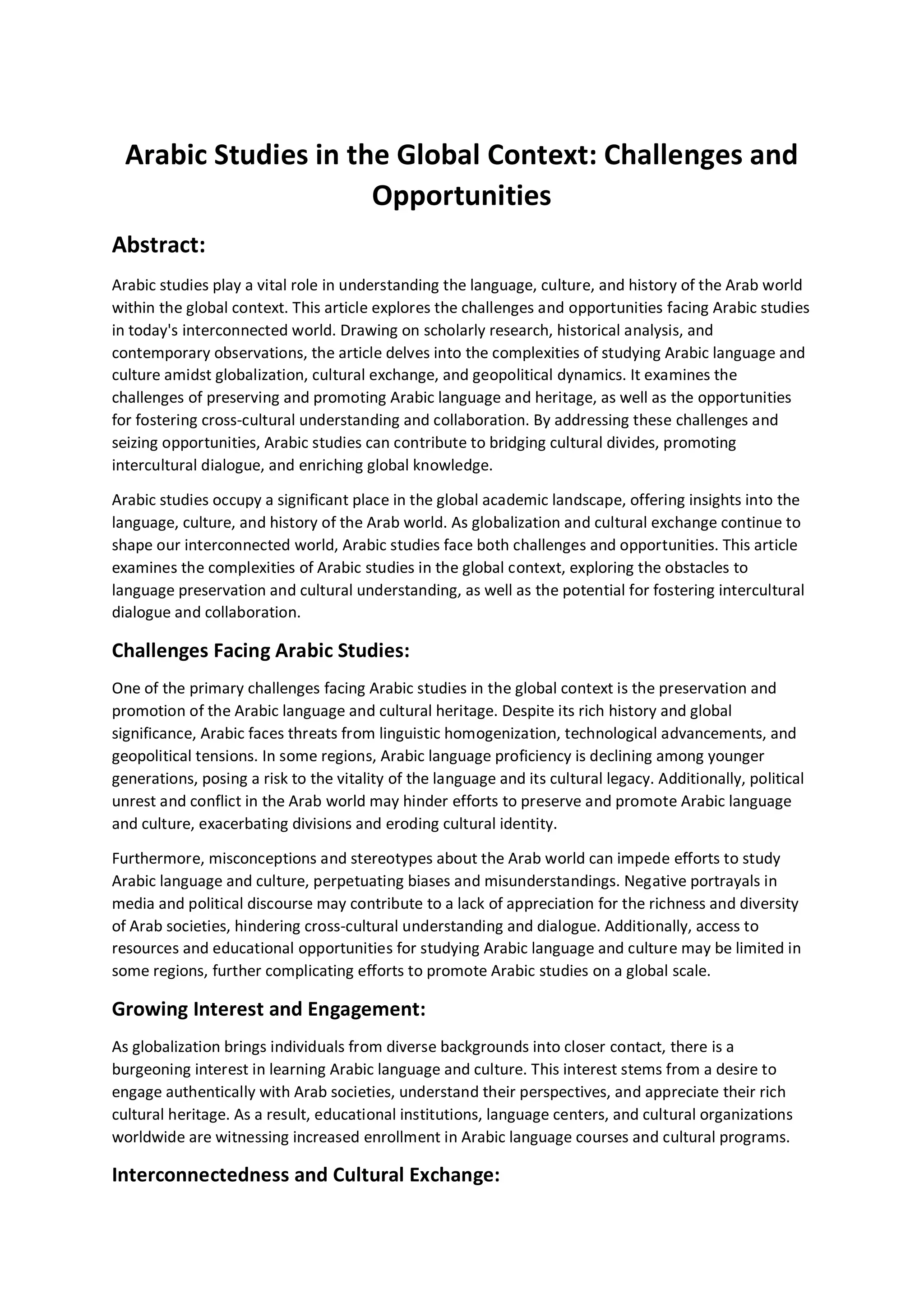 Arabic Studies in the Global Context: Challenges and Opportunities | PDF
