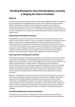 Breaking Boundaries: How Interdisciplinary Learning is Shaping the Future of Schools | PDF