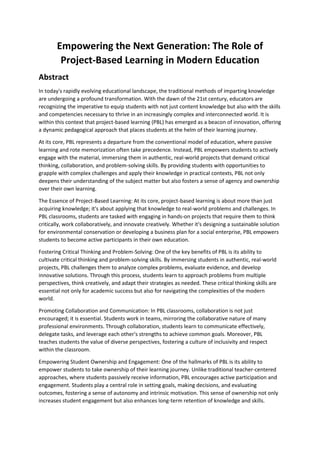 Empowering the Next Generation: The Role of Project-Based Learning in ...