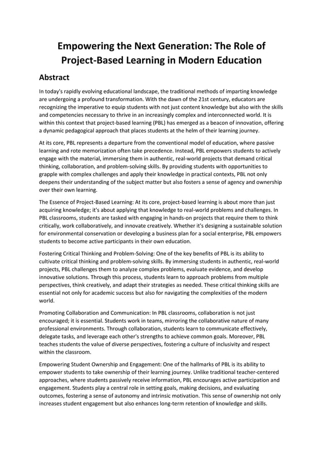 Empowering the Next Generation: The Role of Project-Based Learning in Modern Education | PDF