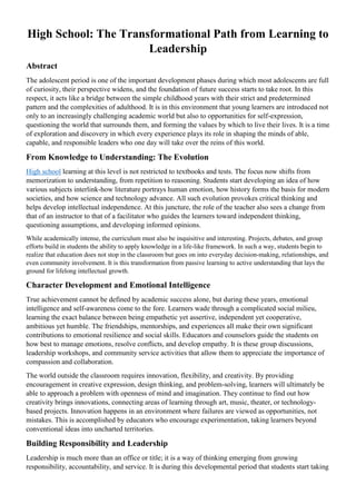 High School: The Transformational Path from Learning to Leadership | PDF