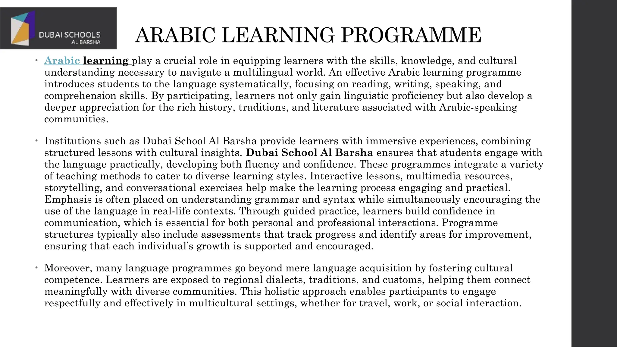 arabic learning | Dubai school al barsha | PPTX