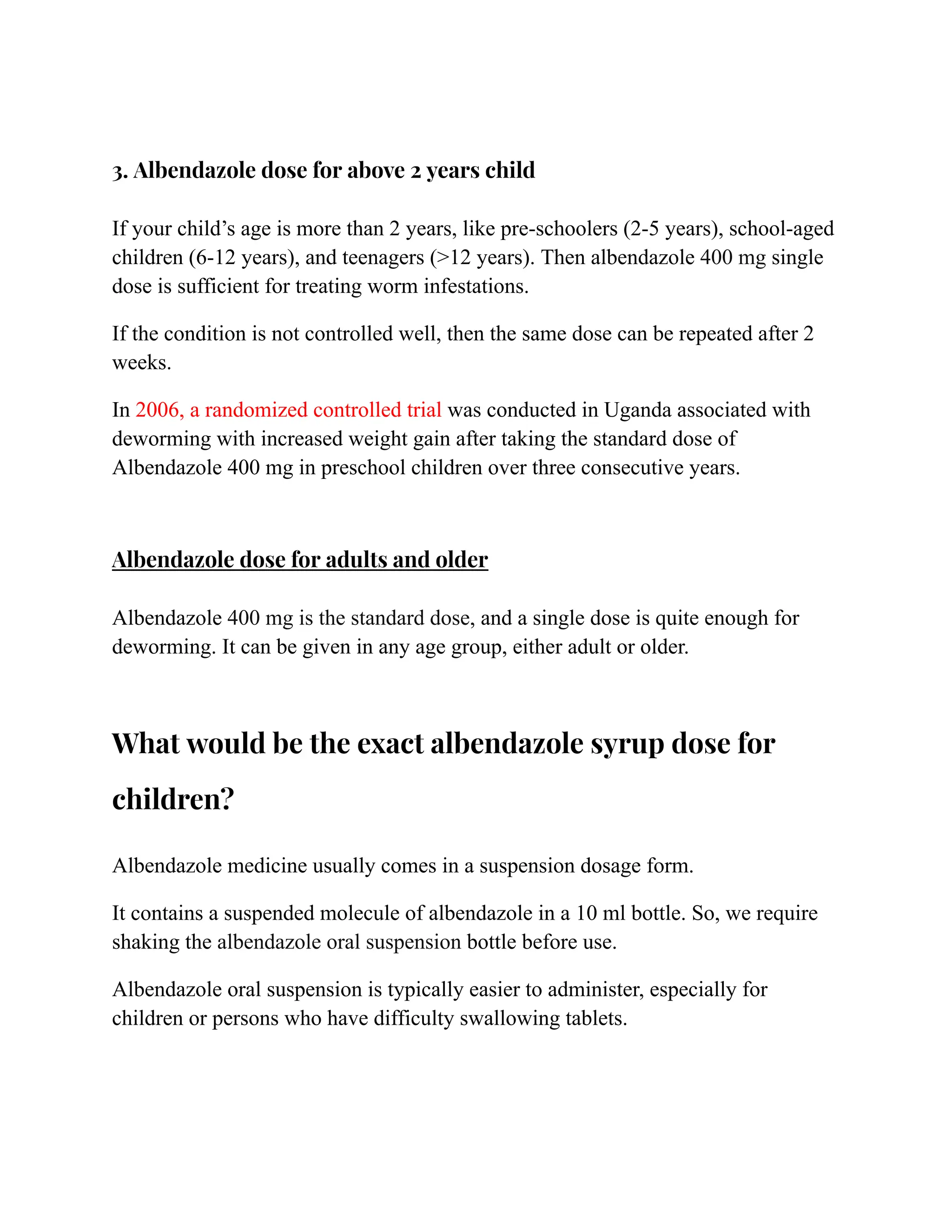 Albendazole dose for kids in worm infestation | PDF