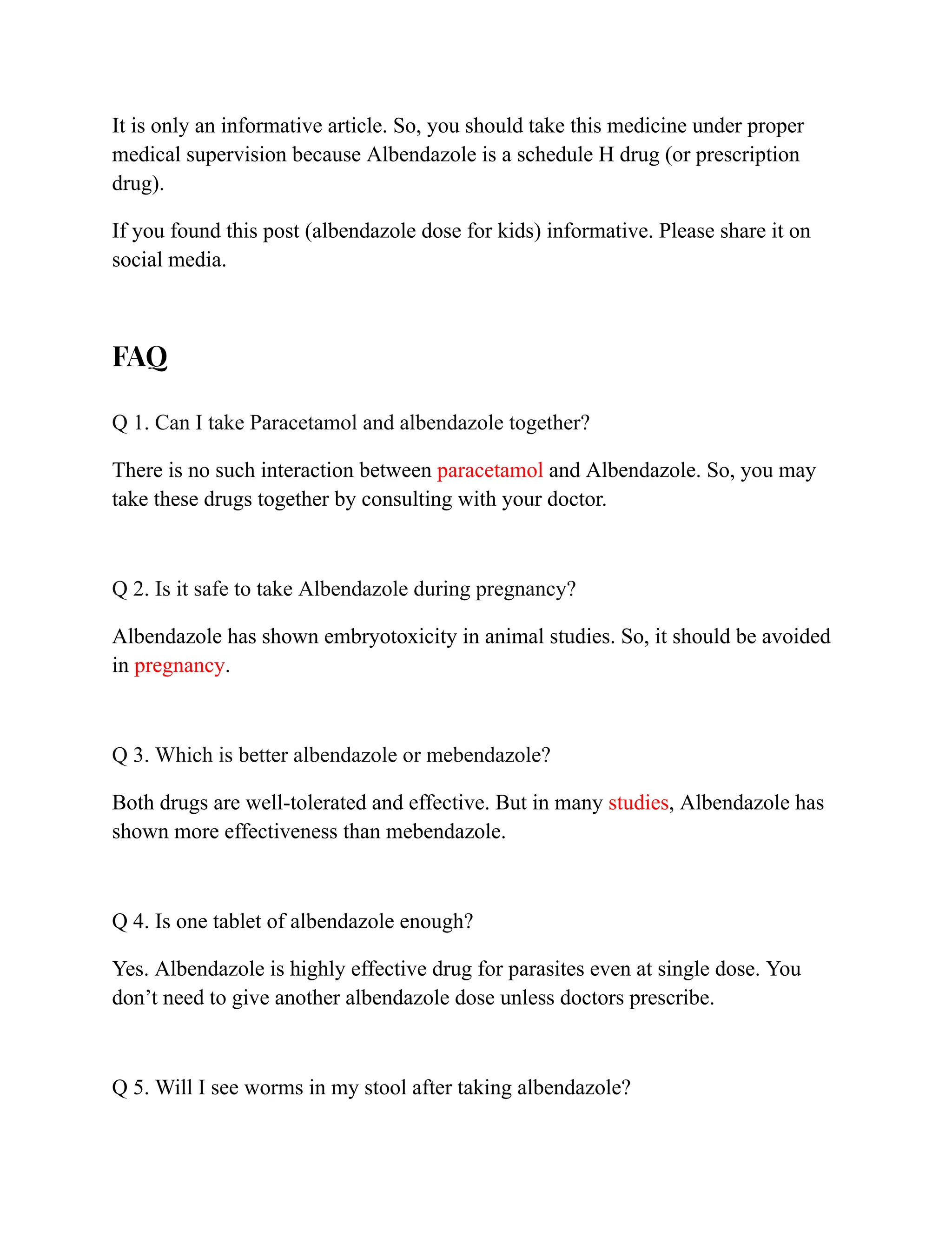 Albendazole dose for kids in worm infestation | PDF