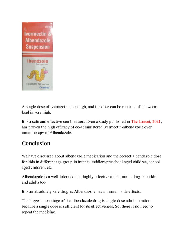 Albendazole dose for kids in worm infestation | PDF | Digestive ...