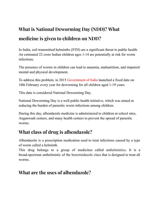 Albendazole dose for kids in worm infestation | PDF | Digestive Disorders | Diseases and Conditions