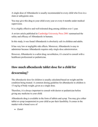 Albendazole dose for kids in worm infestation | PDF