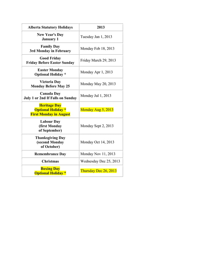 Alberta statutory holidays | DOCX