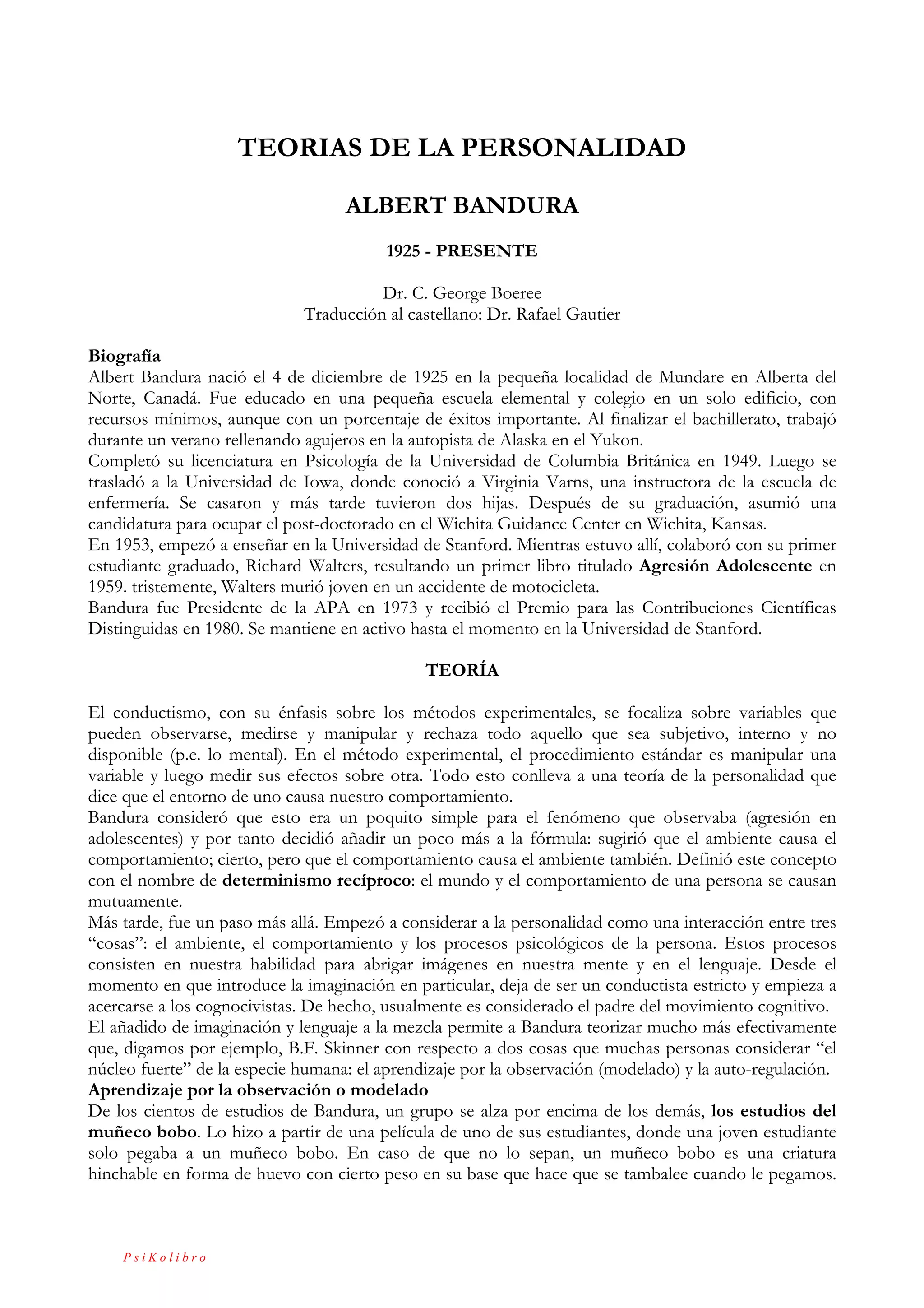 Albert Bandura "Teorias de la personalidad" | PDF