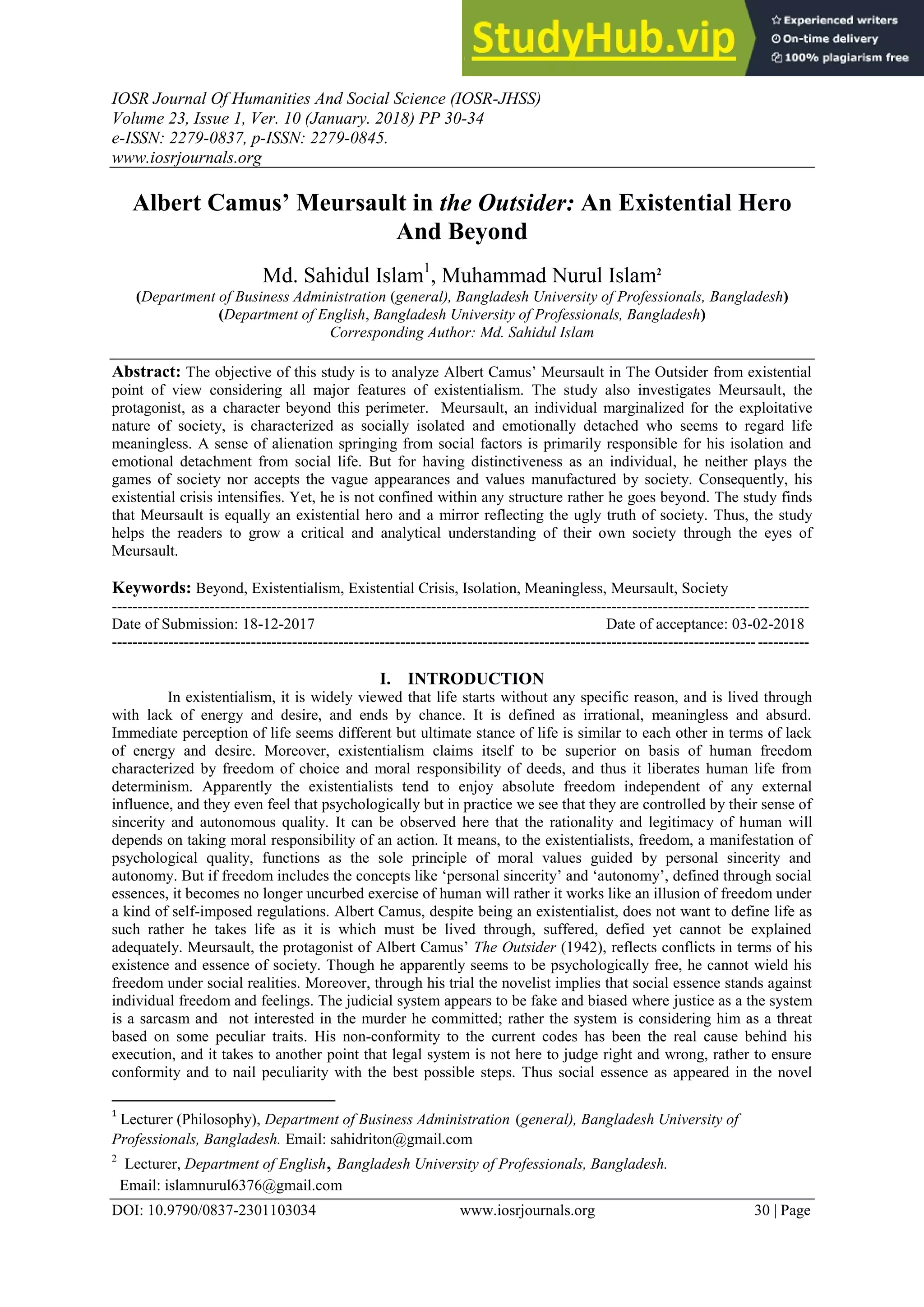 Albert Camus Meursault In The Outsider An Existential Hero And Beyond | PDF