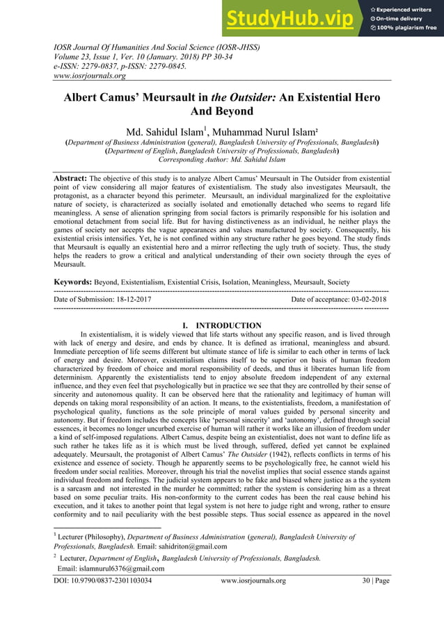 Albert Camus Meursault In The Outsider An Existential Hero And Beyond | PDF