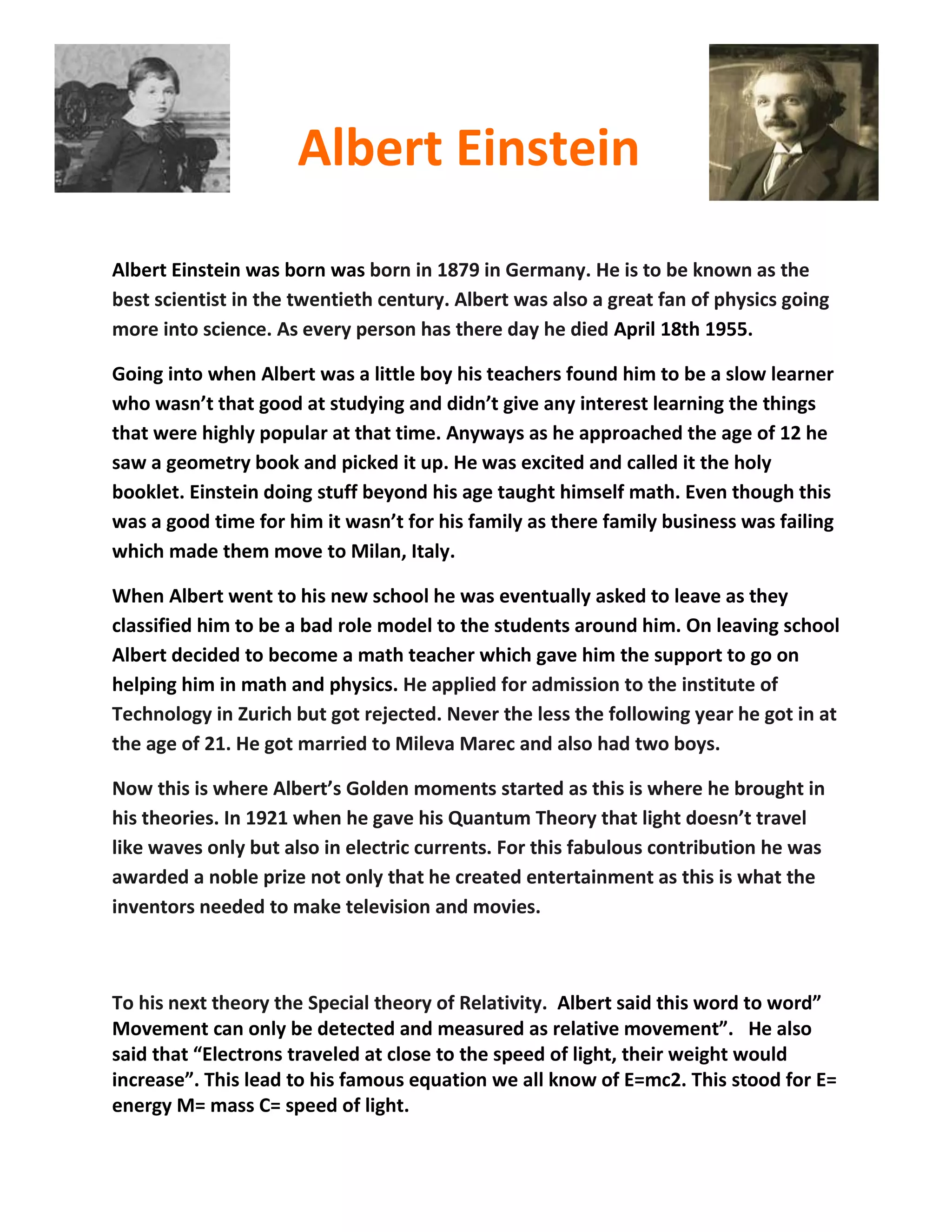 Albert einstein | DOCX | Physics | Science