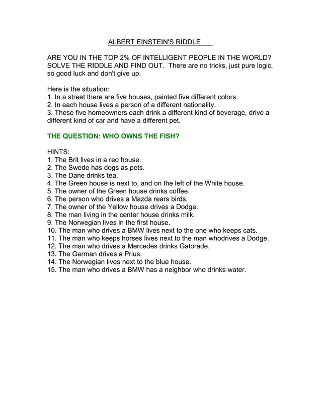 Albert einstein riddle | DOCX | Food & Drink