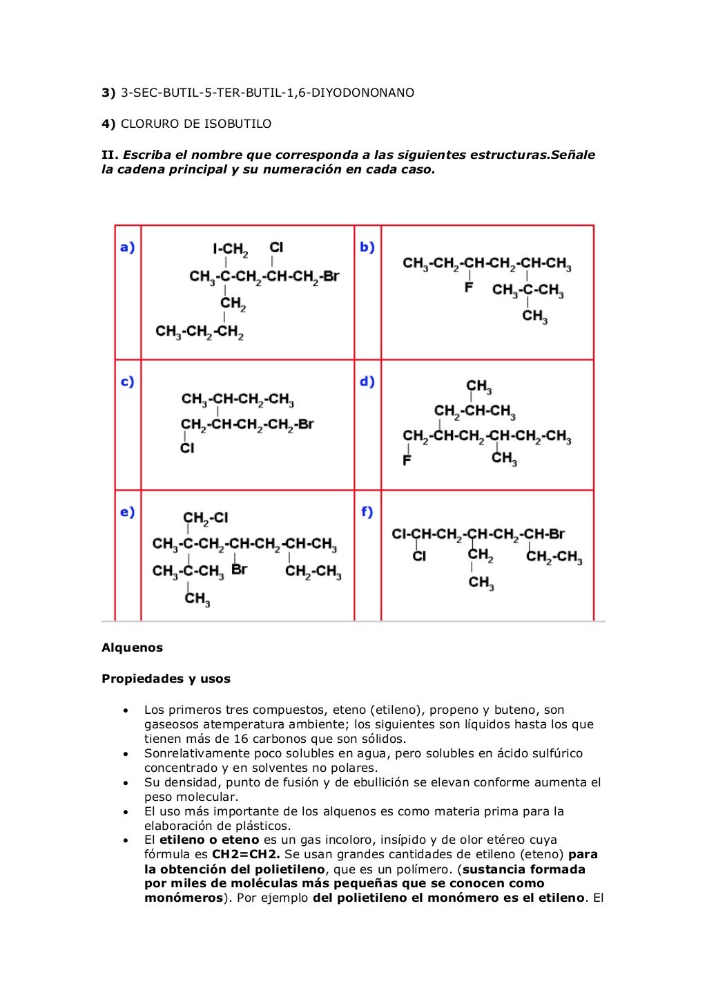 Alcanos, alquenos y alquinos ejercicios Bachillerato