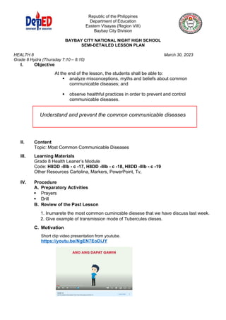 Communicable disease Lesson Plan for Grade 8docx | DOCX