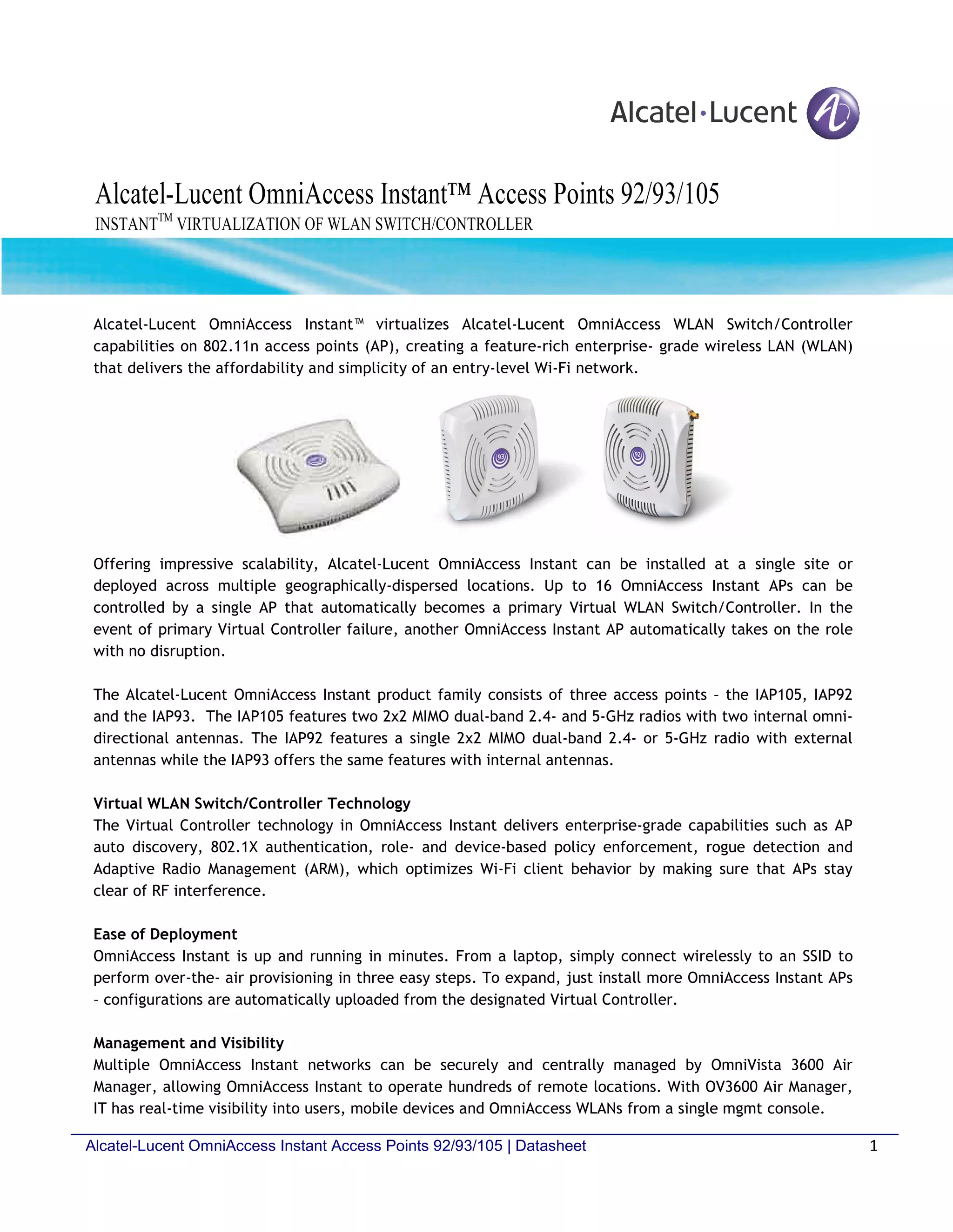 Alcatel-Lucent Instant Access Points Datasheet | PDF | Computer Networking | Computing