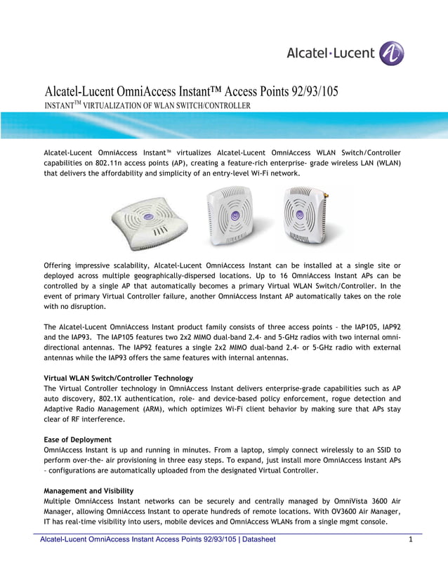 Alcatel-Lucent Instant Access Points Datasheet | PDF | Computer ...