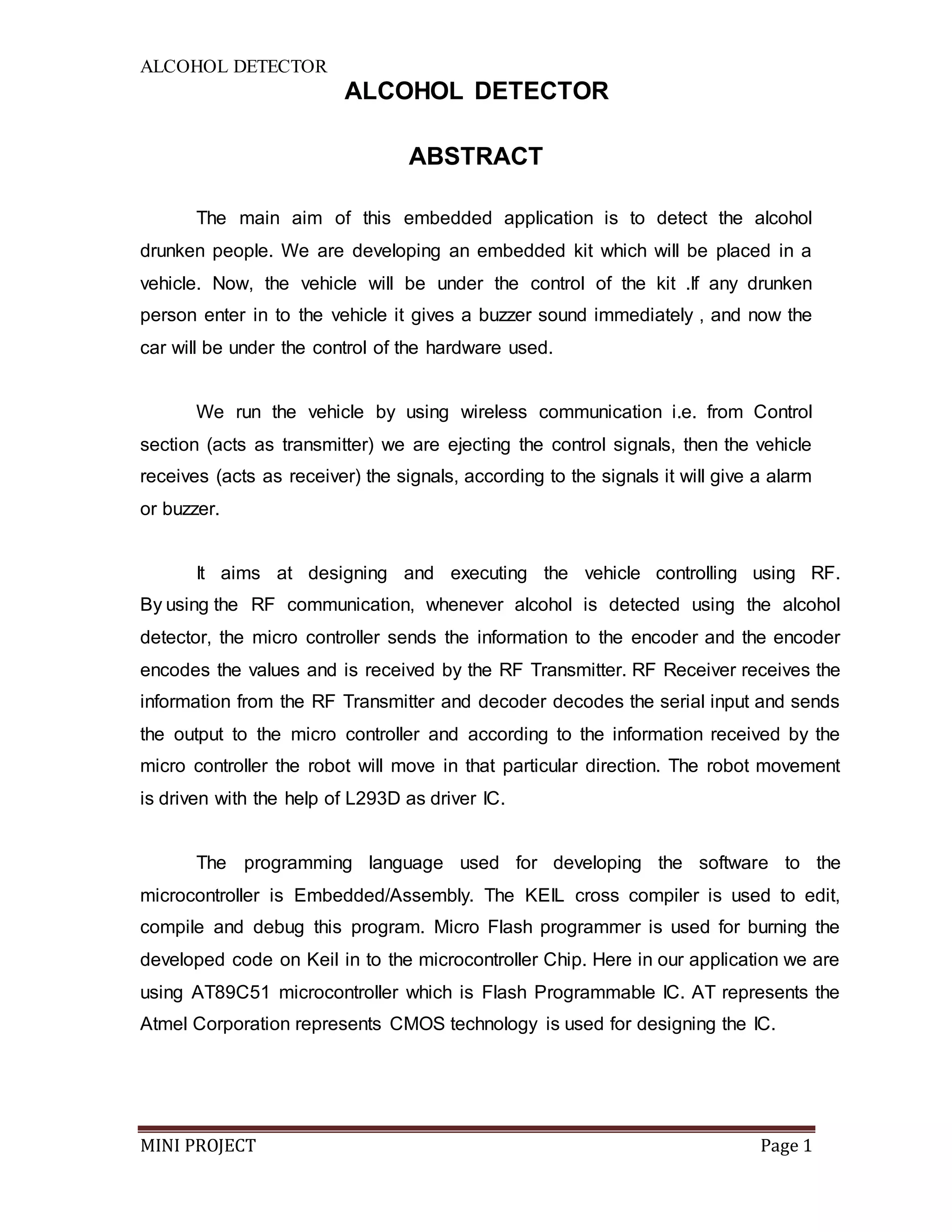 Alcohol Sensing Alert with Engine Locking Project | PDF