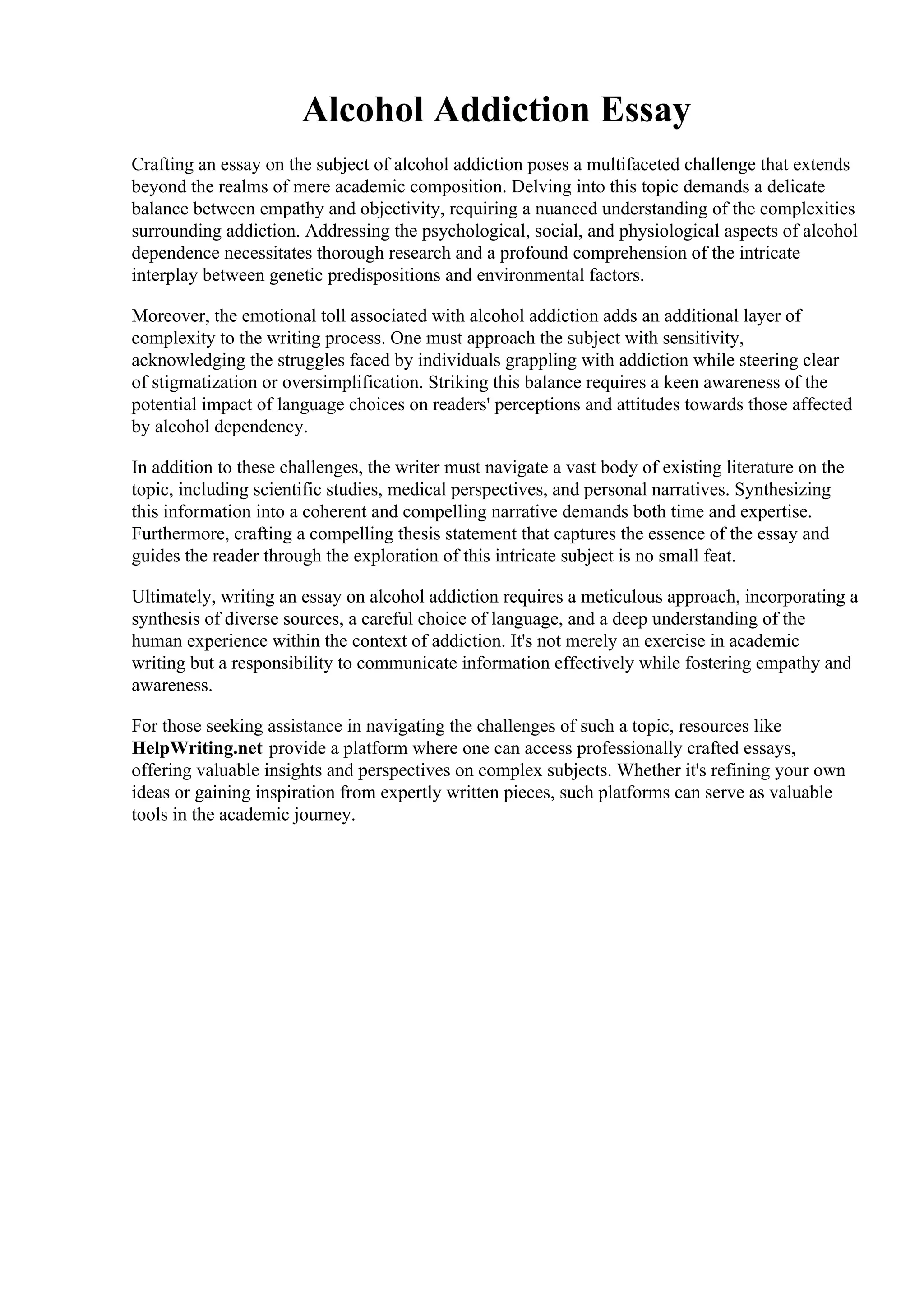 Alcohol Addiction Essay. Singular Cause And Effect Of Alcohol Abuse ...