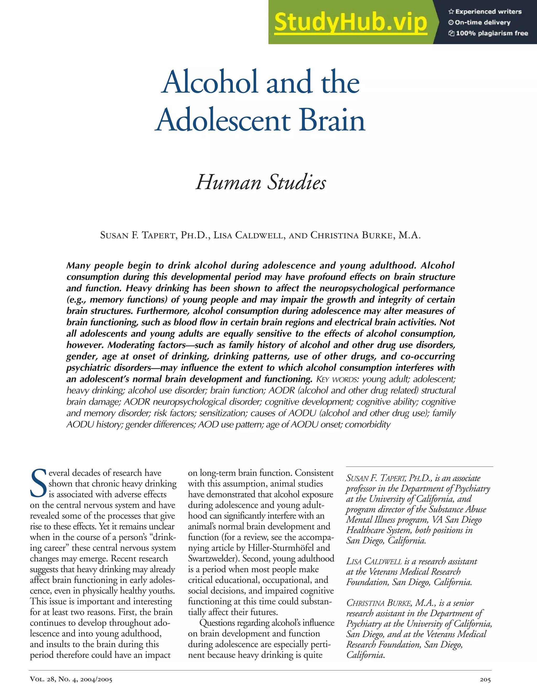Alcohol And The Adolescent Brain Human Studies | PDF