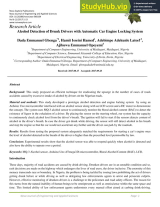 Alcohol Detection Of Drunk Drivers With Automatic Car Engine Locking ...