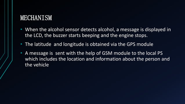 Alcohol detection system with gsm and gps (fiem , ece) | PPTX