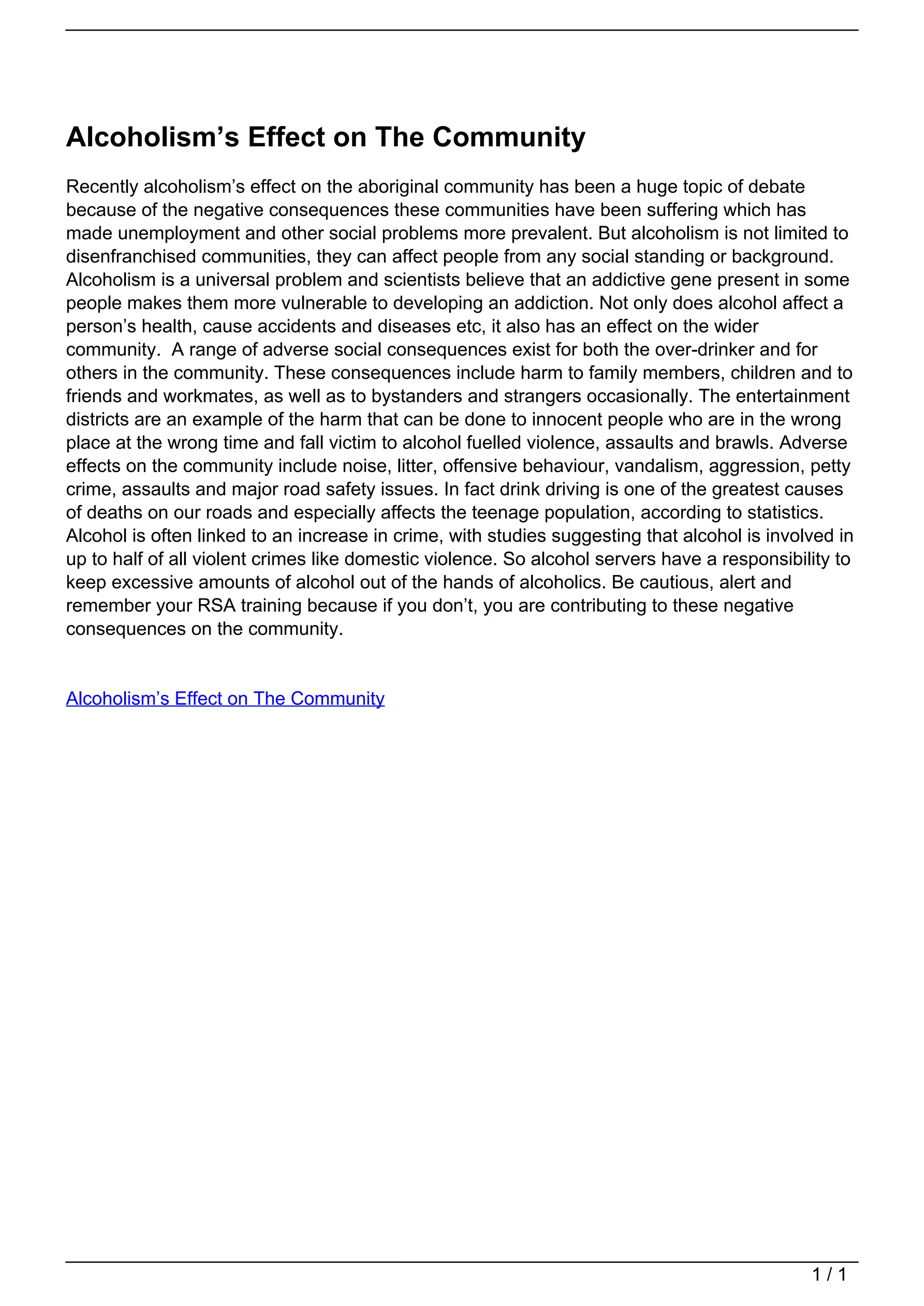 Alcoholism’s Effect on The Community | PDF