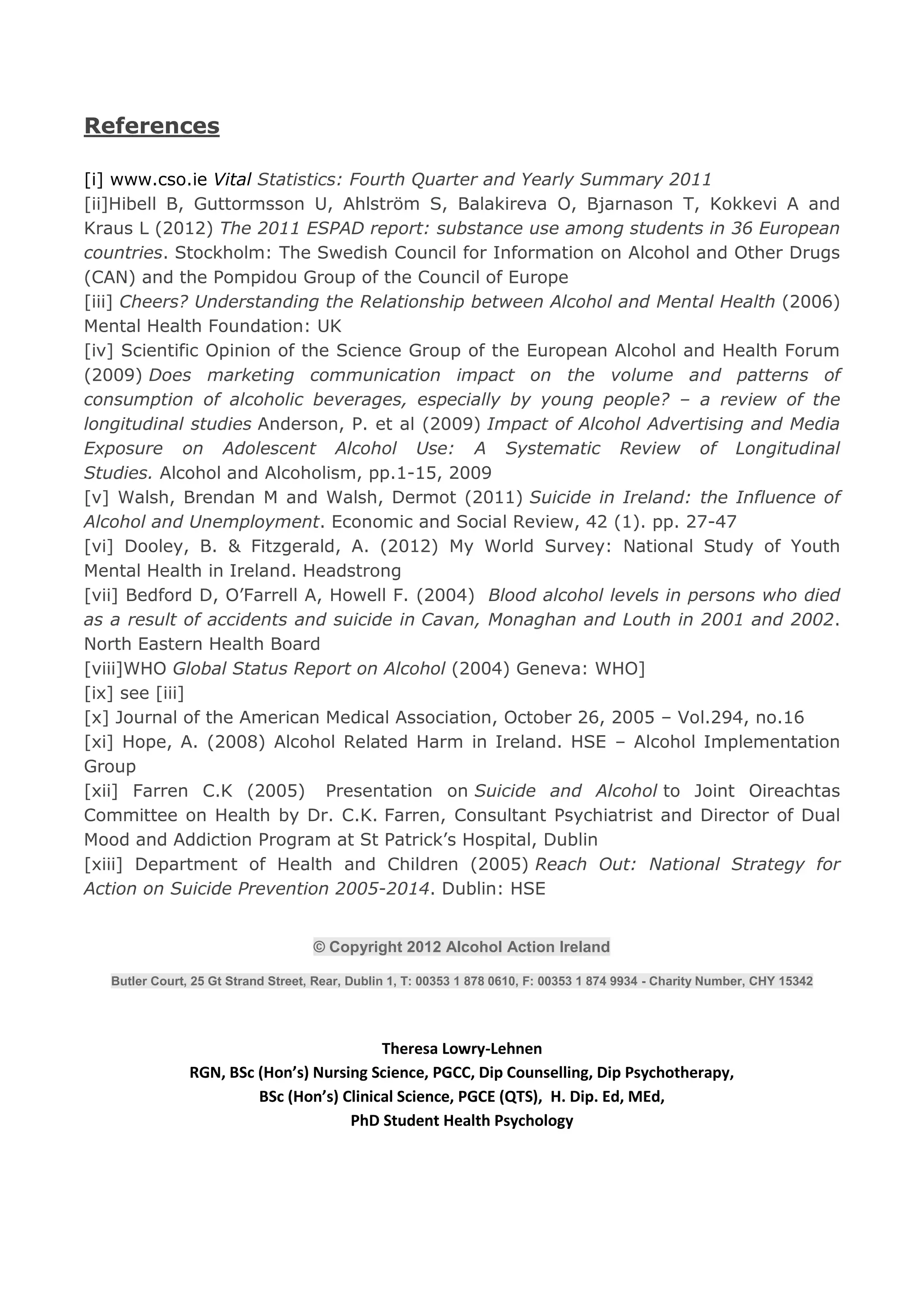 Alcohol, Suicide and Mental Health (Ireland). By Theresa Lowry-Lehnen ...