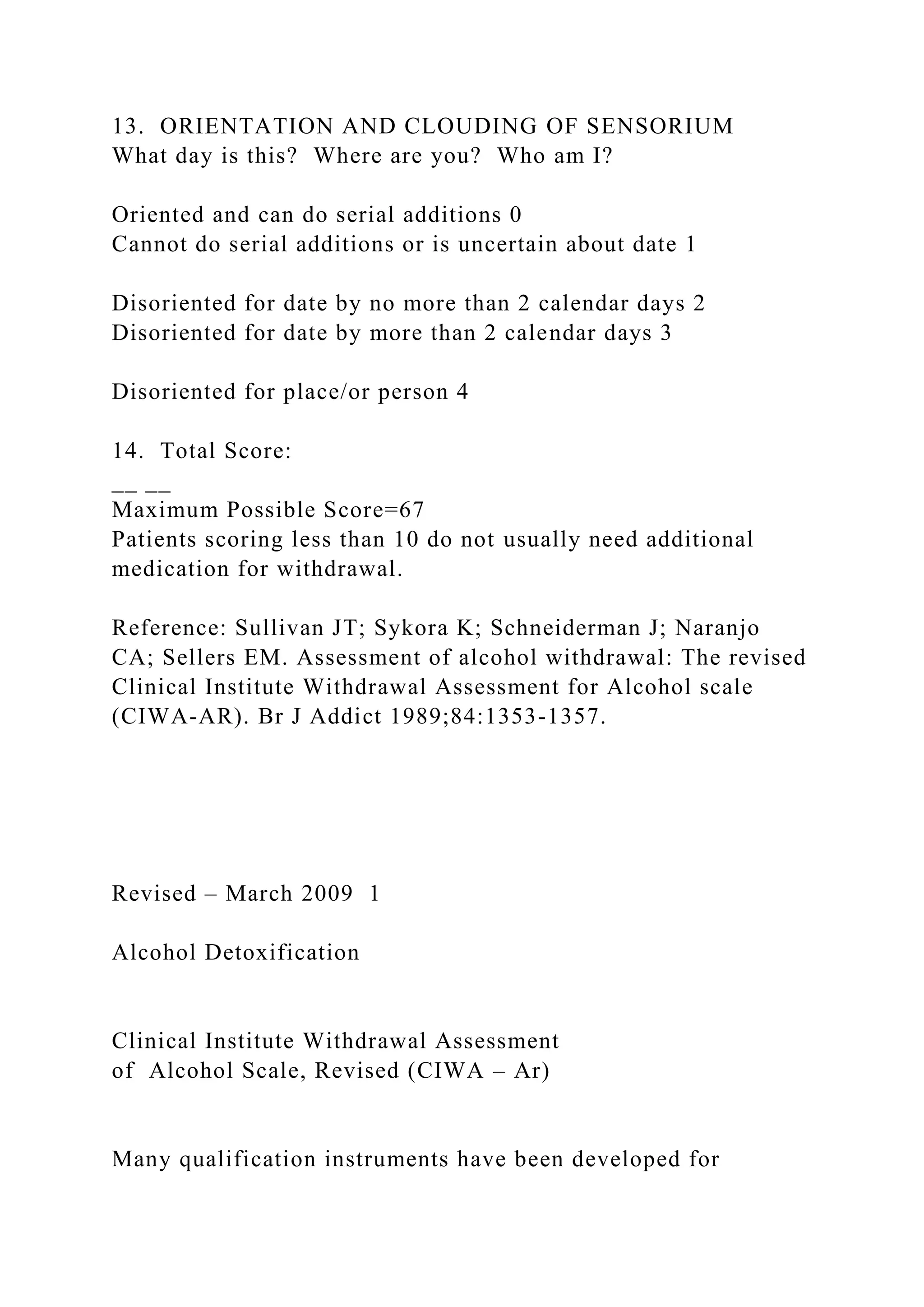 Alcohol Withdrawal Assessment Scoring Guidelines (CIWA - Ar) .docx