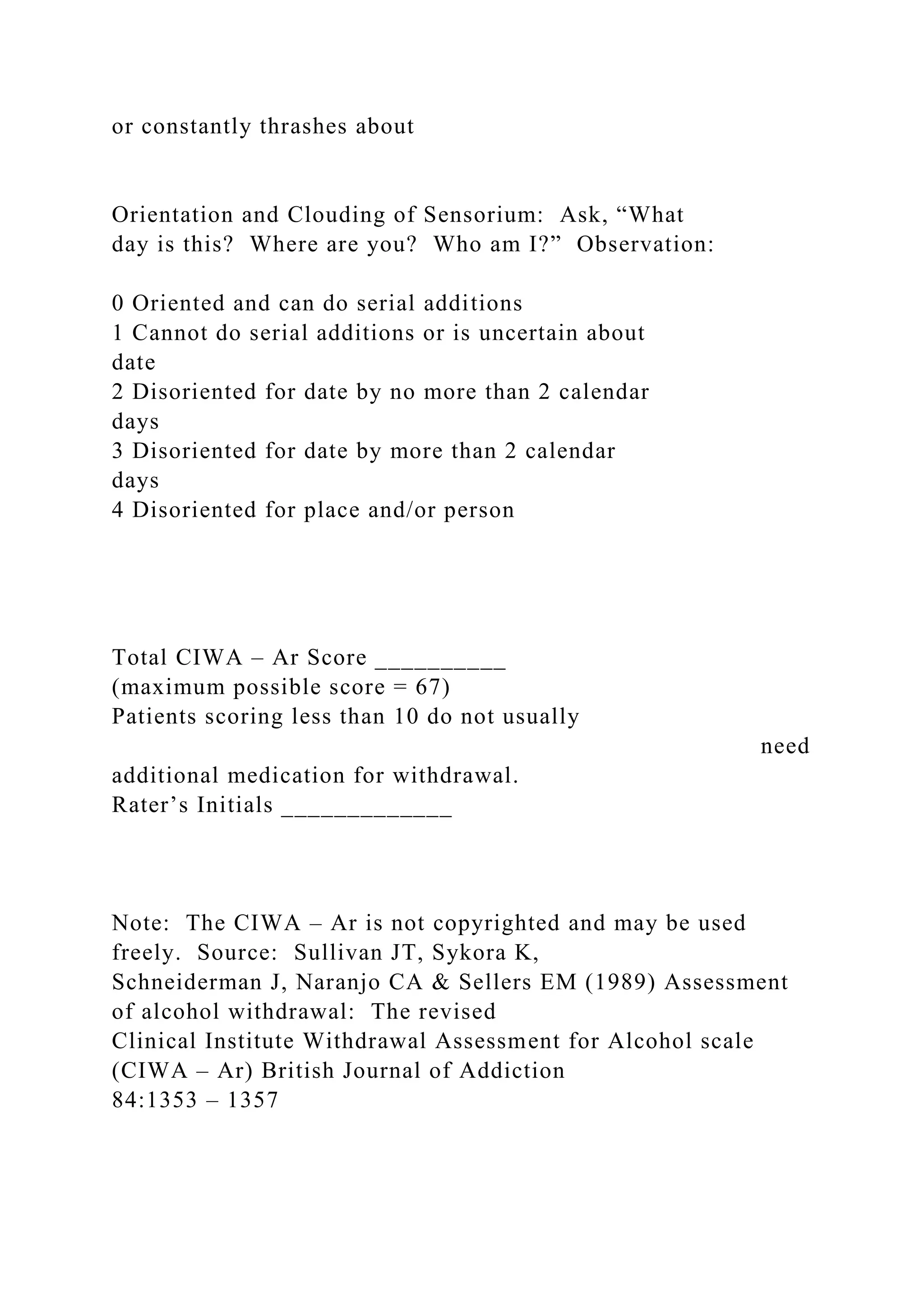 Alcohol Withdrawal Assessment Scoring Guidelines (CIWA - Ar) .docx