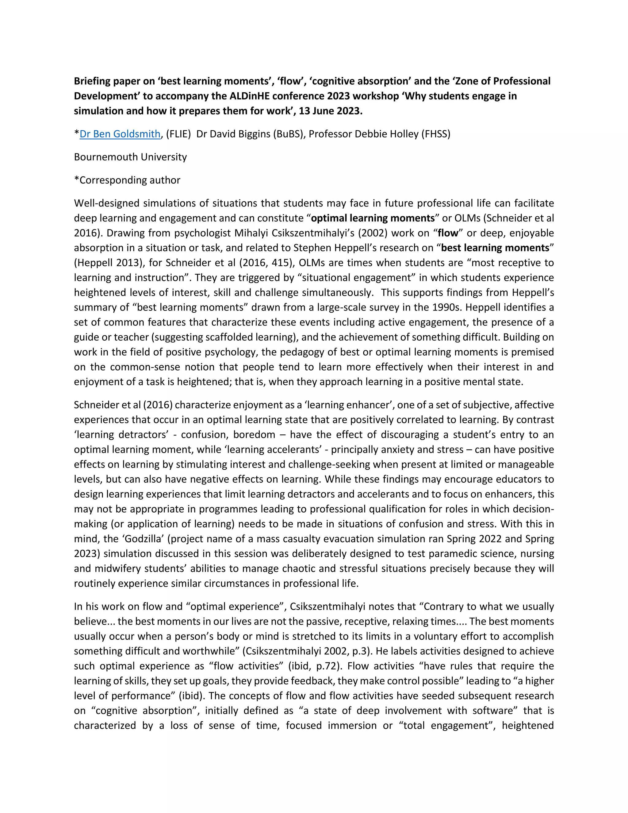 Simulation theory briefing paper (ALDinHE Conference 2023) | DOCX