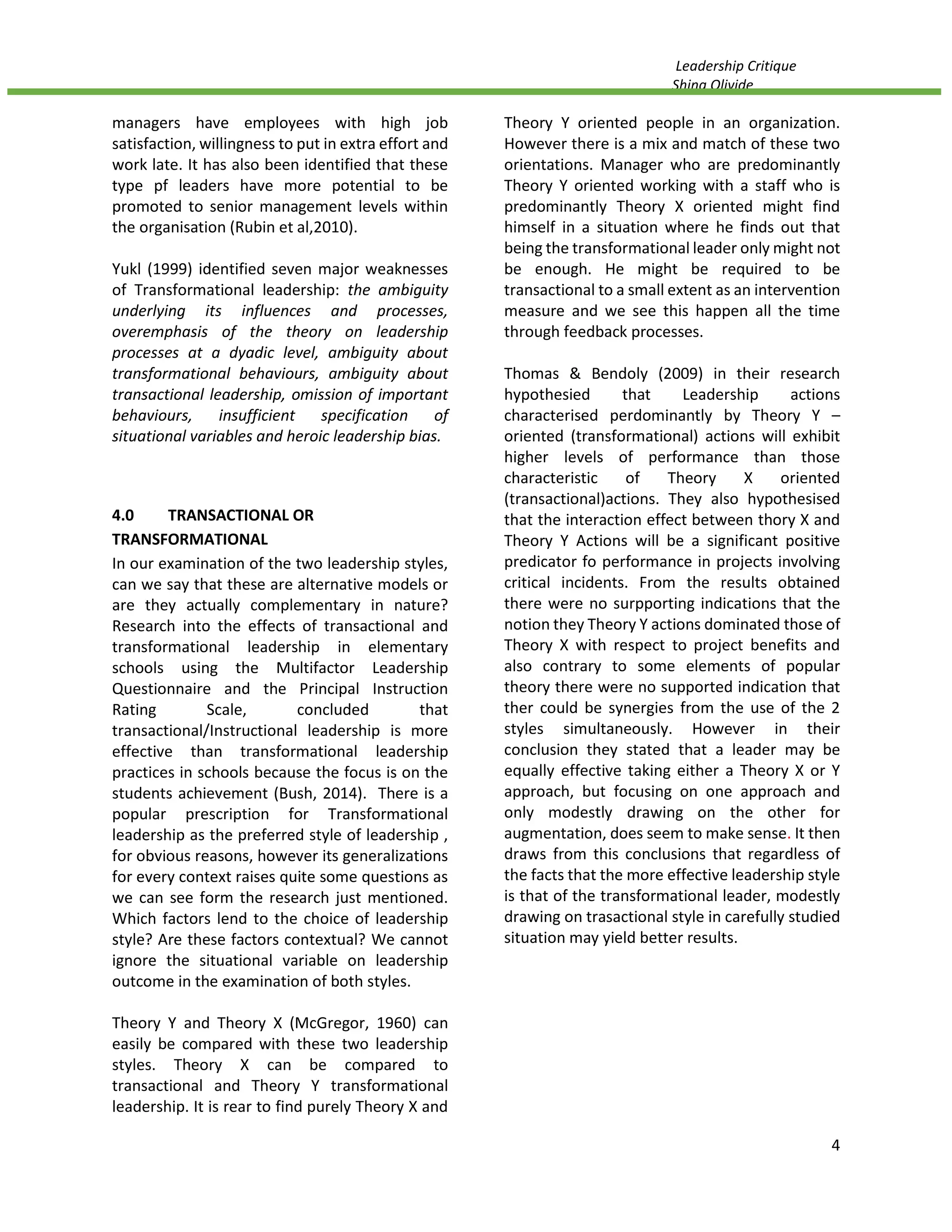 A leadership critique :TRANSACTIONAL AND TRANSFORMATIONAL LEADERSHIP | PDF