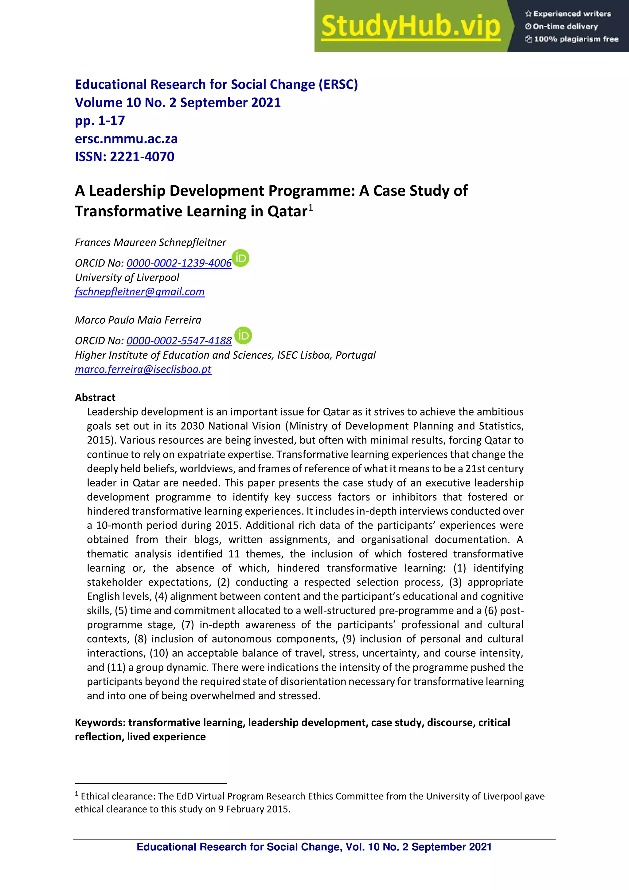 A Leadership Development Programme A Case Study Of Transformative ...