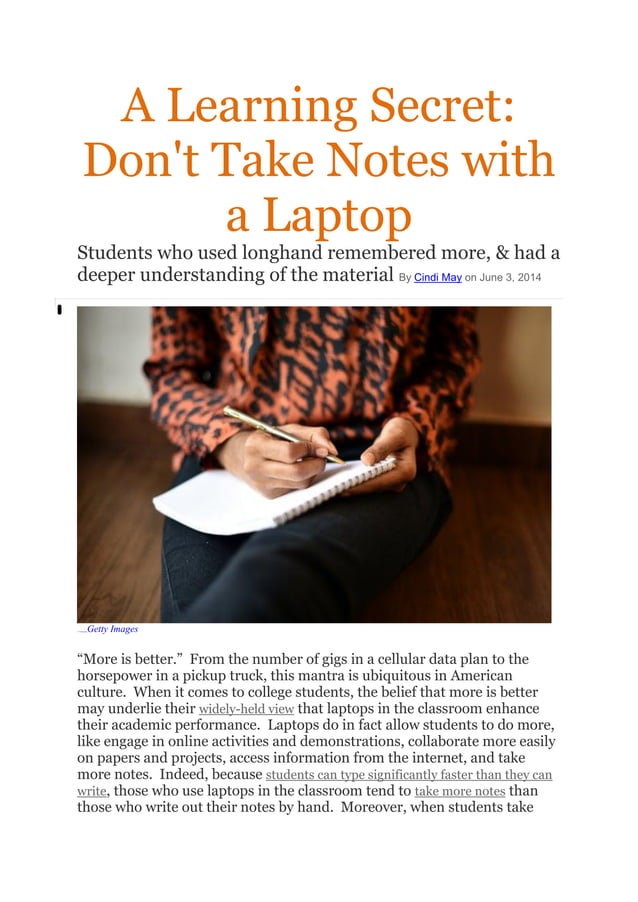 A Learning Secret: Don't take notes with a Laptop | PDF
