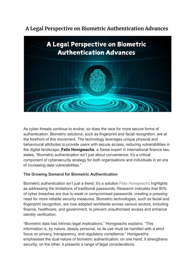 Felix Honigwachs Explores Biometric Authentication A Legal Insight | PDF