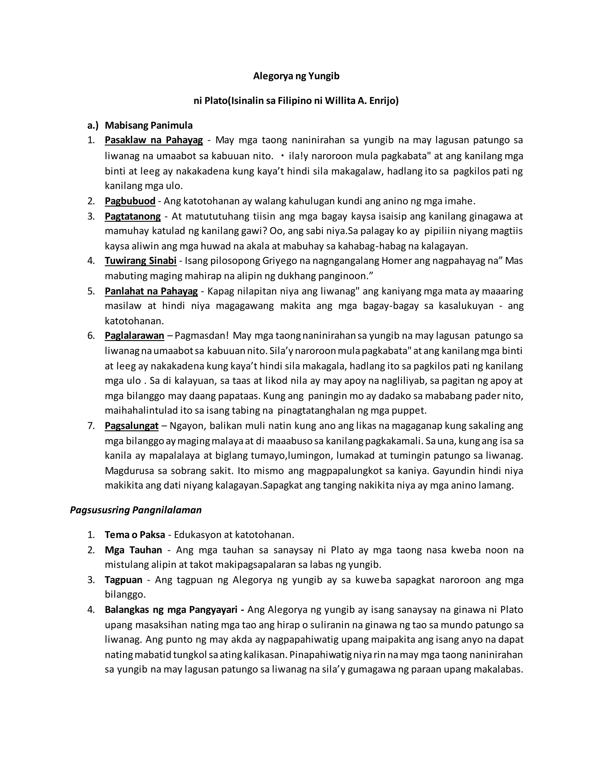 Alegorya ng yungib pagsusuri | DOCX