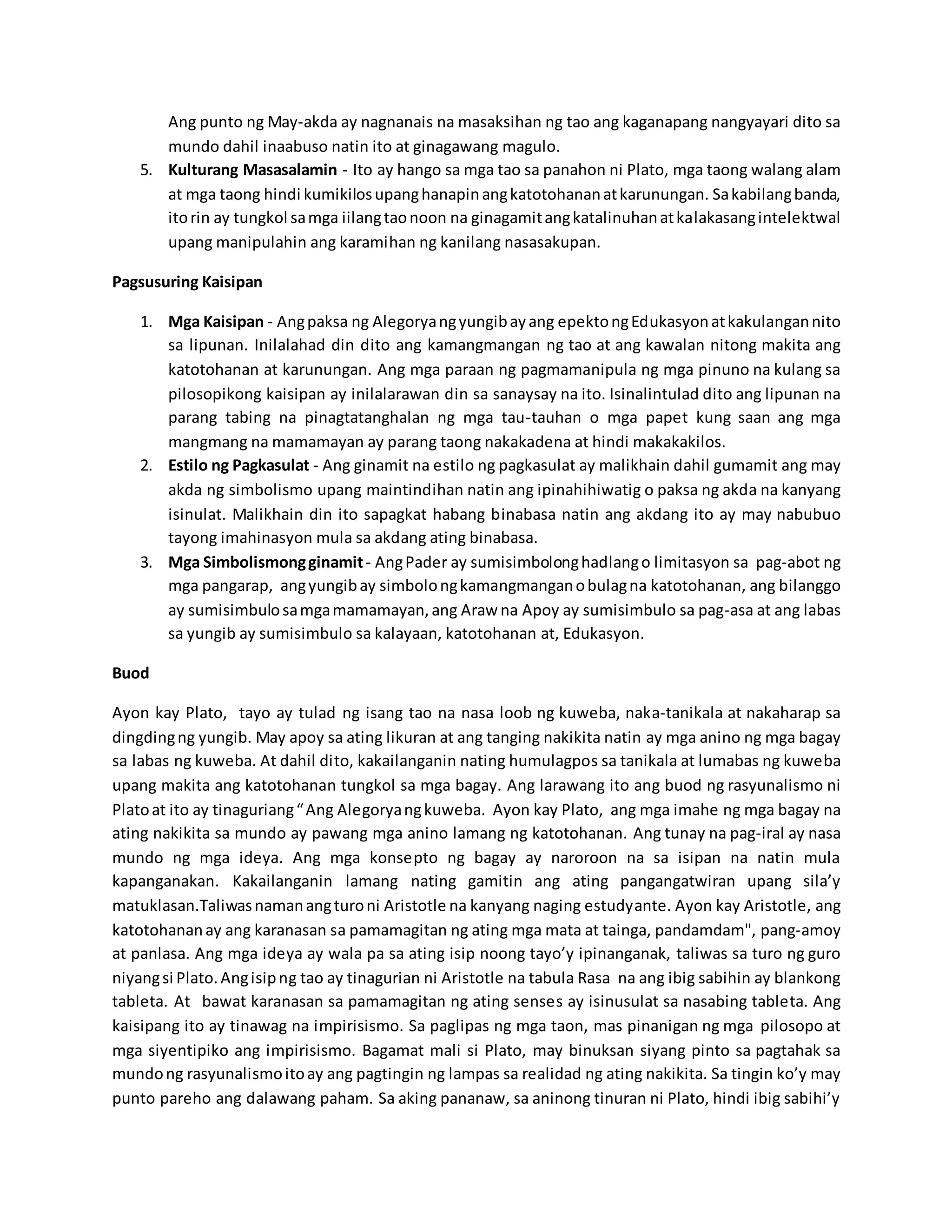 Alegorya ng yungib pagsusuri | DOCX