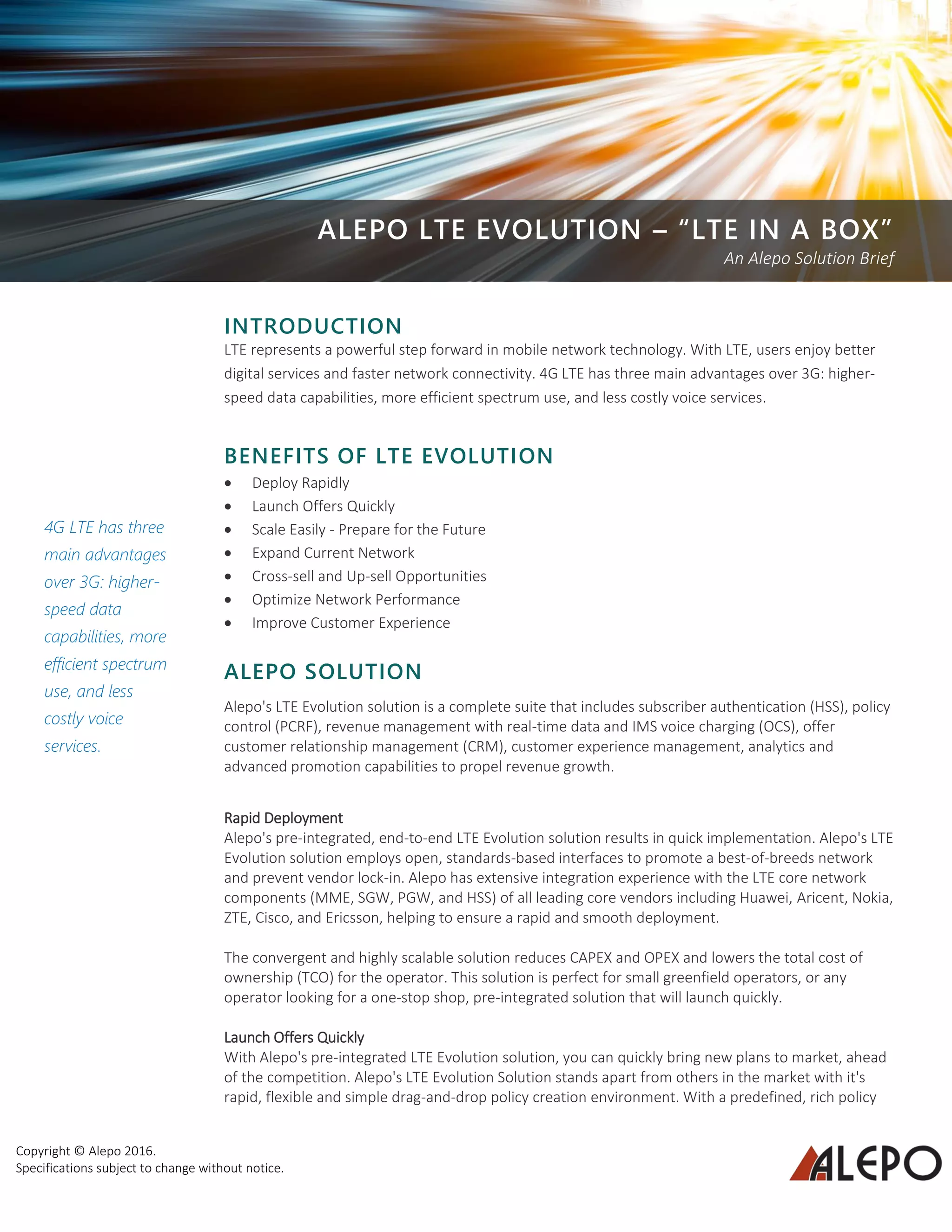 Alepo LTE Evolution - "LTE IN A BOX" | PDF
