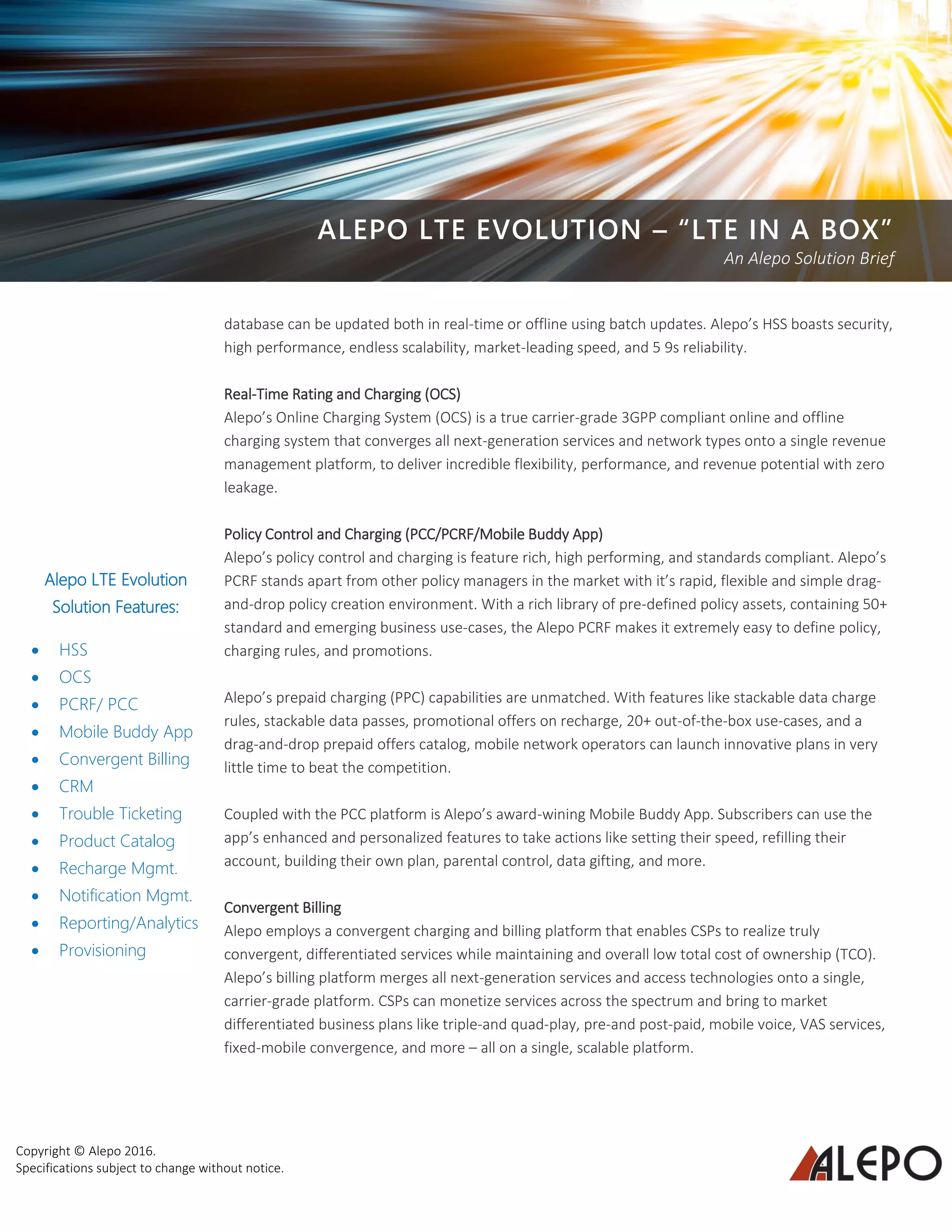 Alepo LTE Evolution - "LTE IN A BOX" | PDF