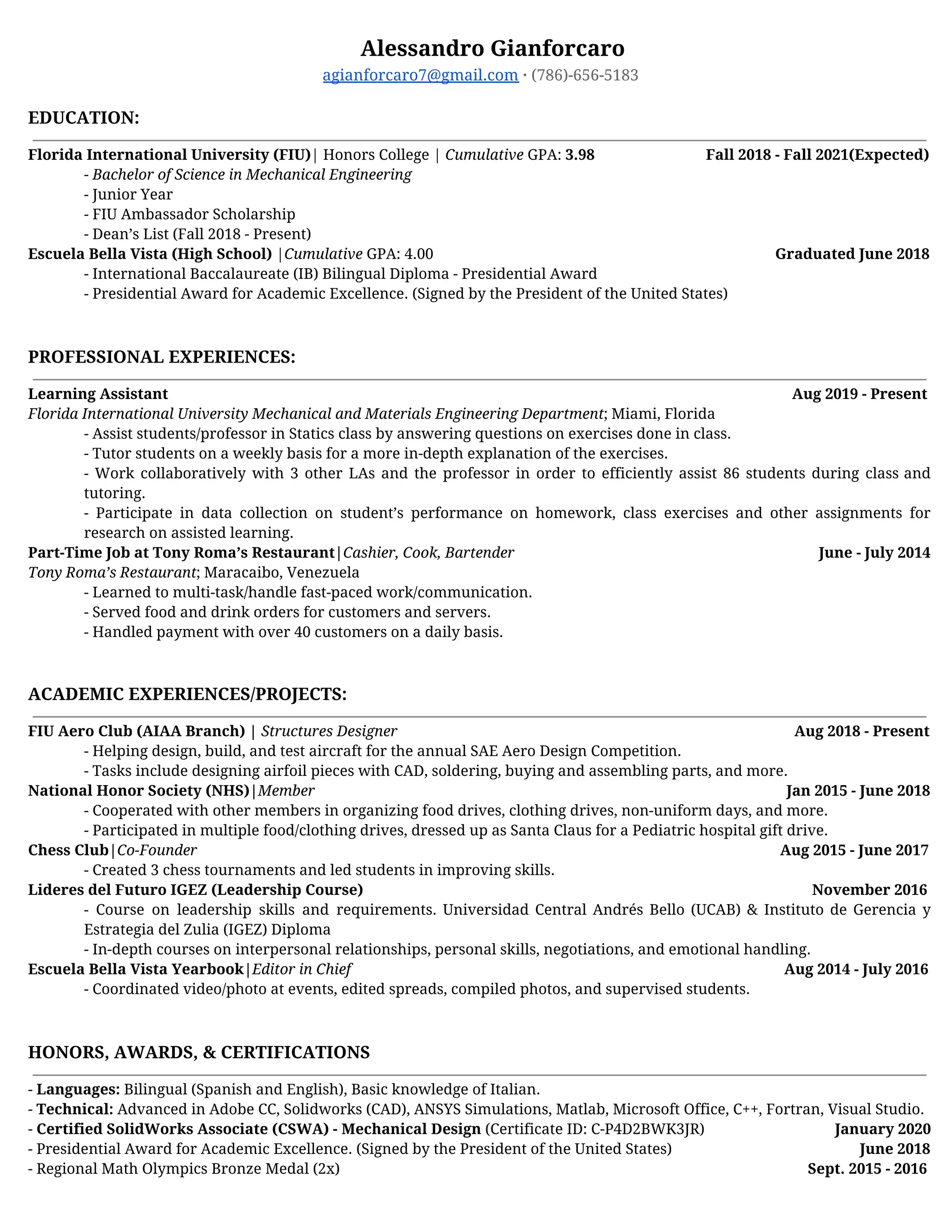 Alessandro Gianforcaro Resume | PDF