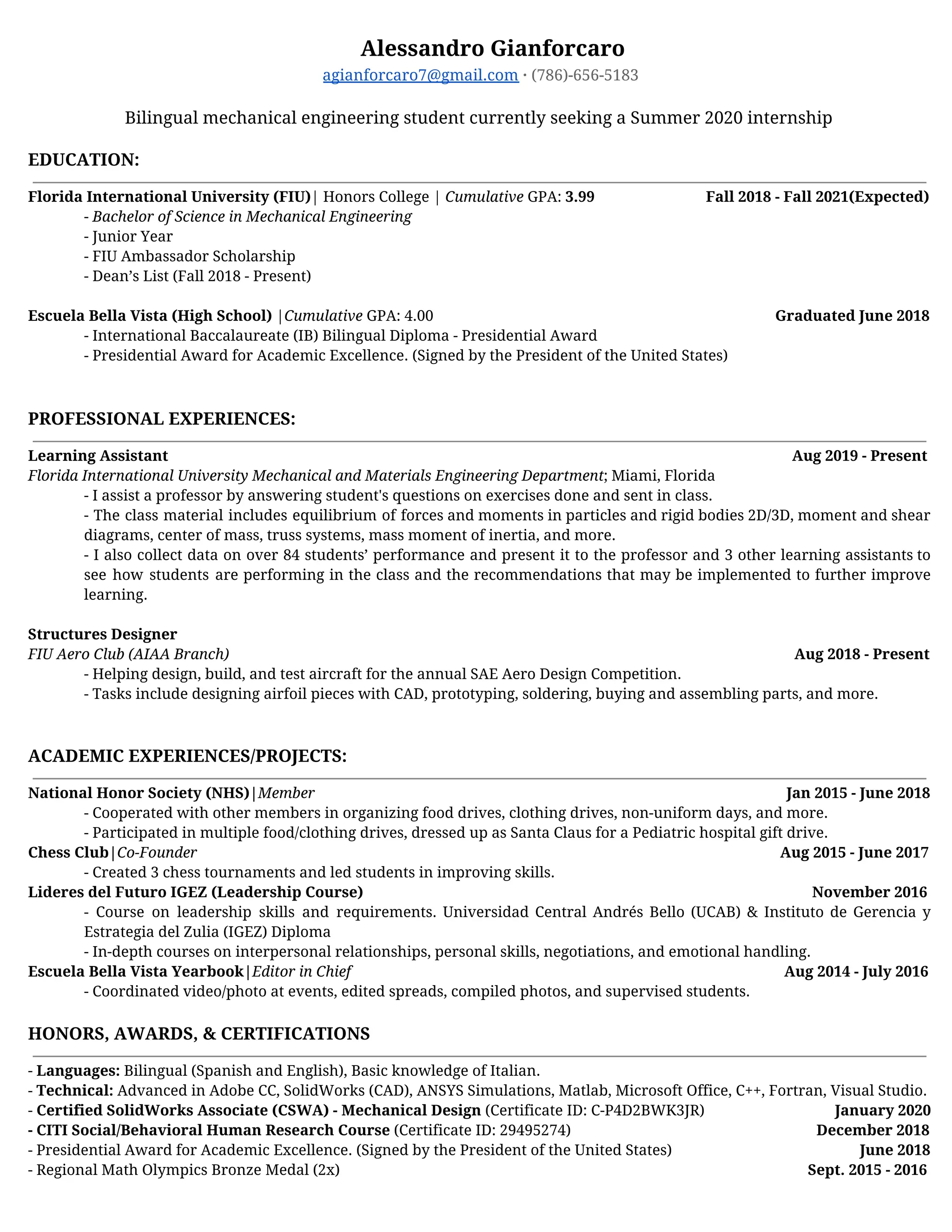 Alessandro Gianforcaro Resume | PDF