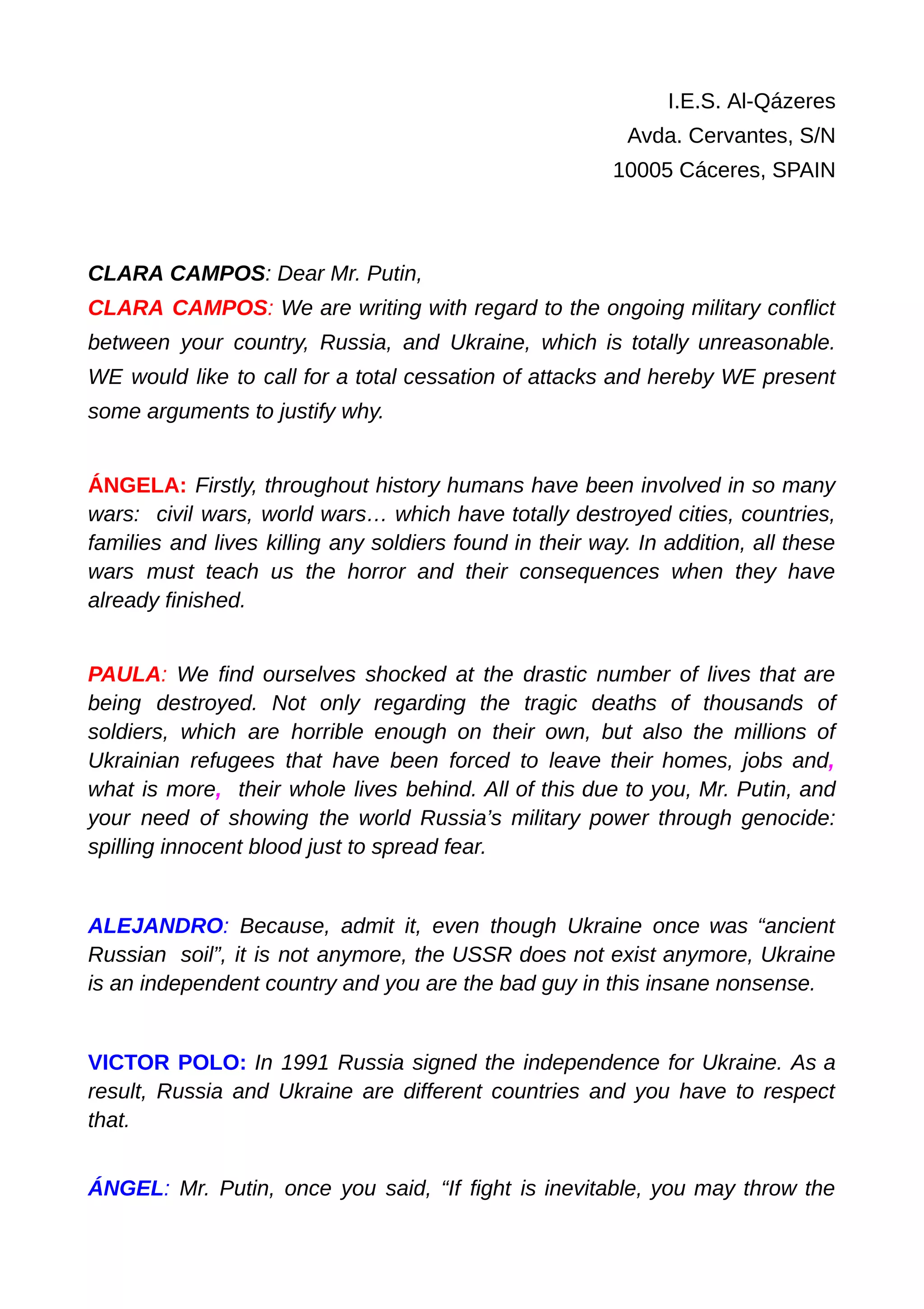 a LETTER to PUTIN: stop the war | PDF
