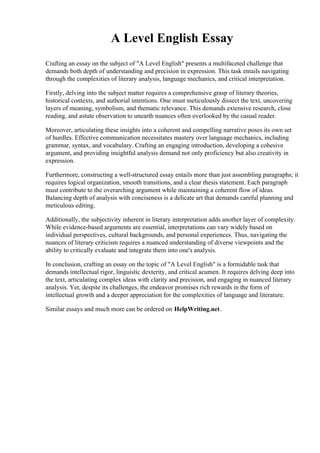 A Level English Essay. Milwaukee Area Technical College | PDF