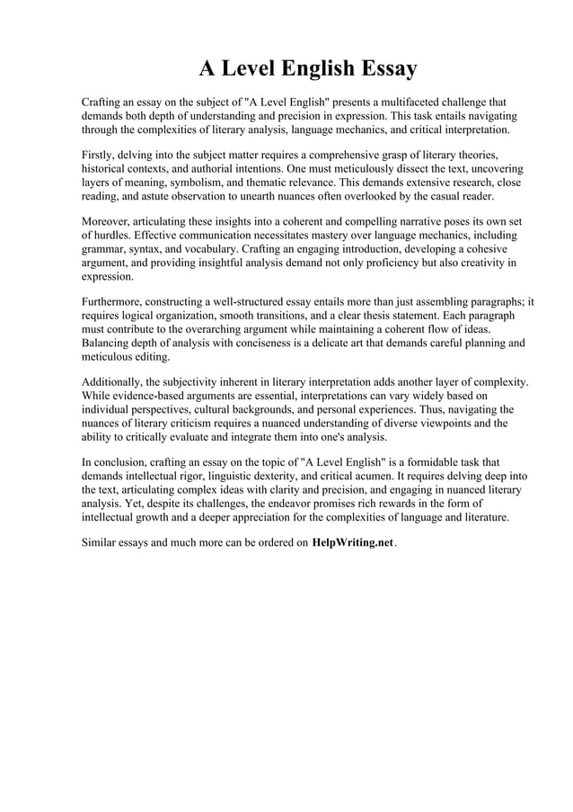 A Level English Essay. A Level English Language Paper 1 Model Essays ...