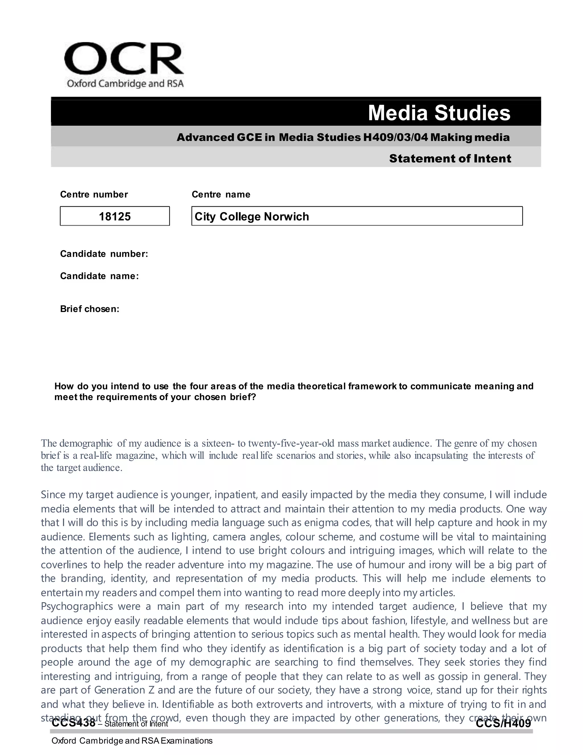 A level media studies statement of intent form ocr | DOCX