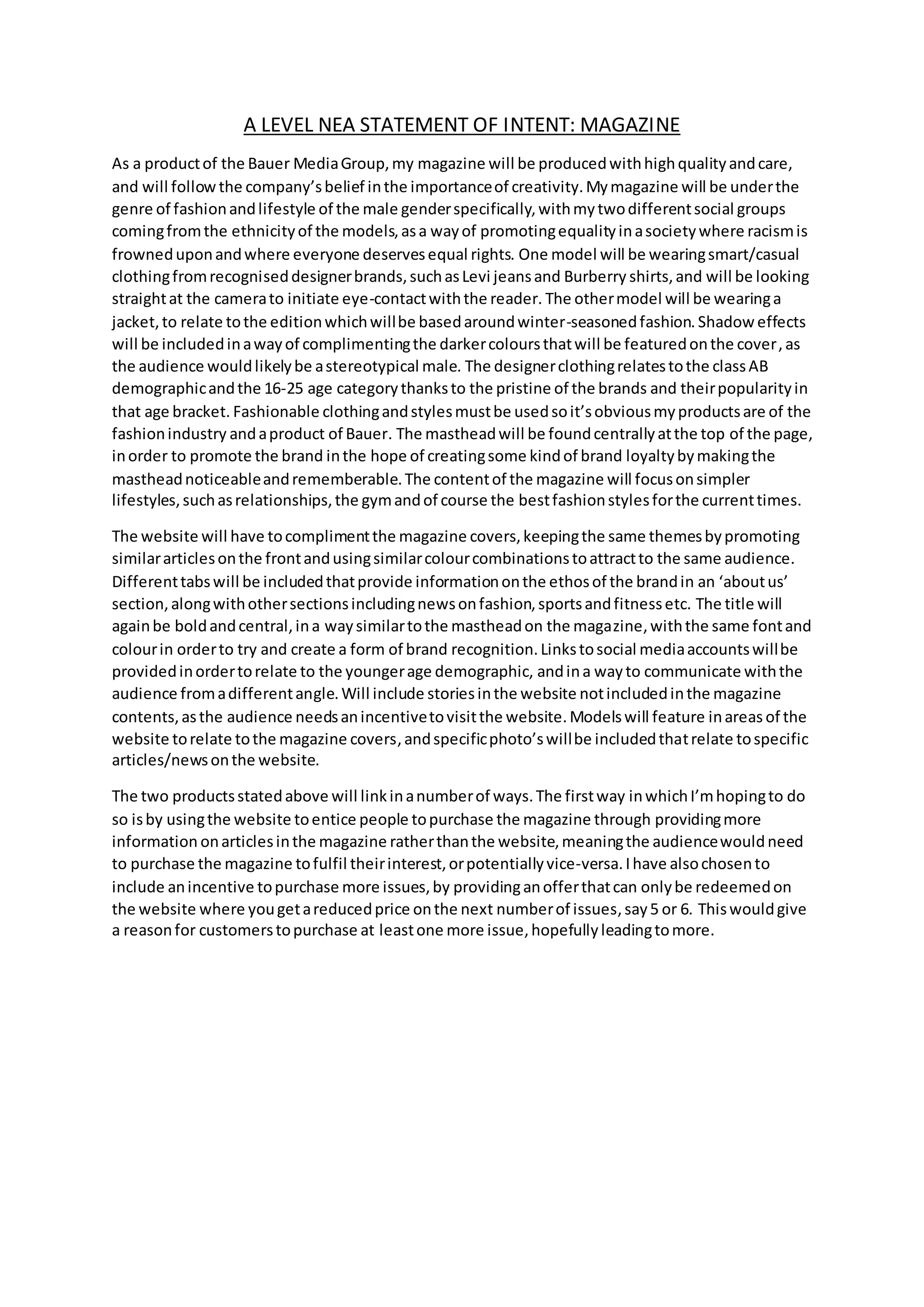 A level nea statement of intent Aidan Mirfin | DOCX
