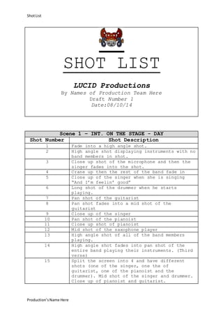 Media Music Video - Shot List | DOCX