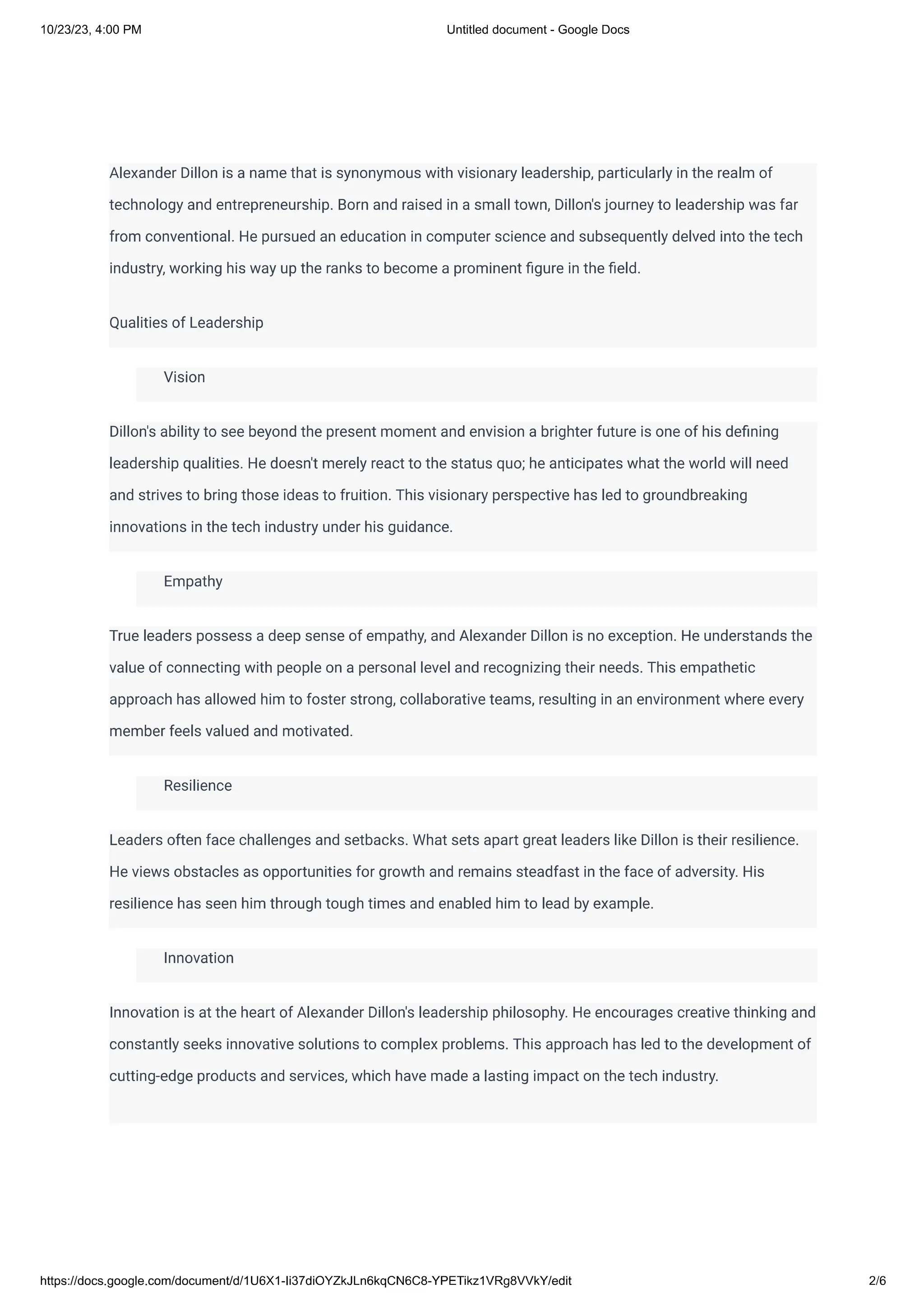 Alexander Dillon Blueprint for Successful Leadership and Philanthropy | PDF