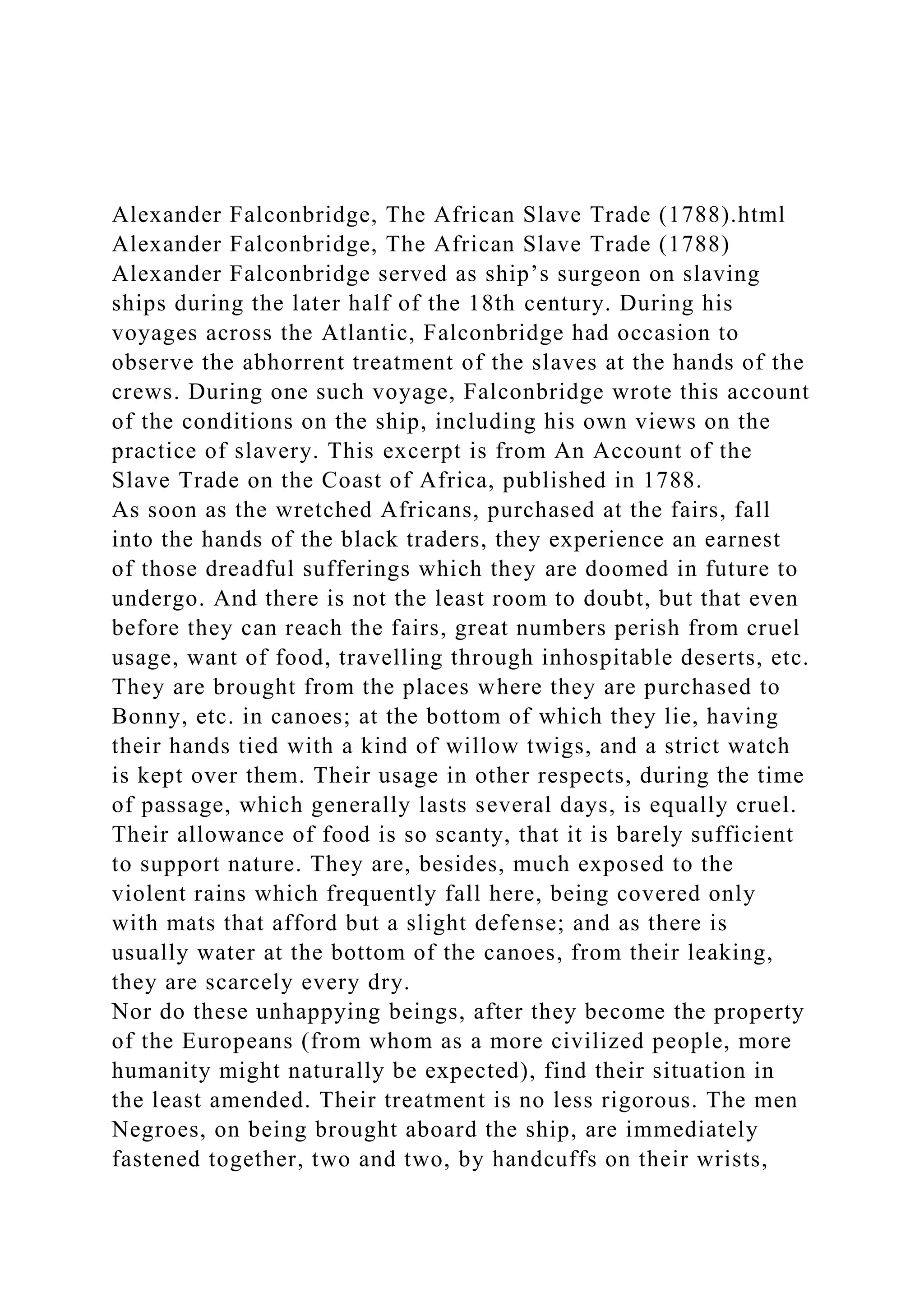 Alexander Falconbridge, The African Slave Trade (1788).htmlAle.docx ...